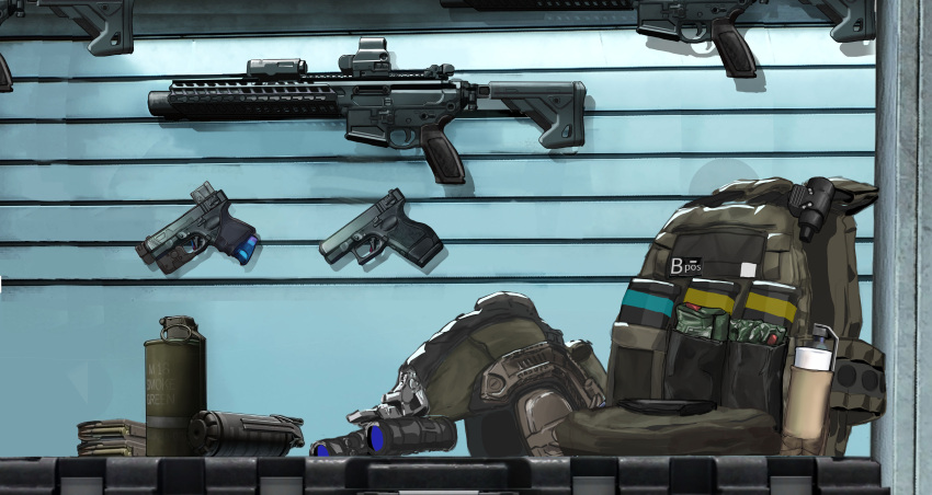 Safebooru - absurdres ammunition pouch armory assault rifle backpack bag check translation ...