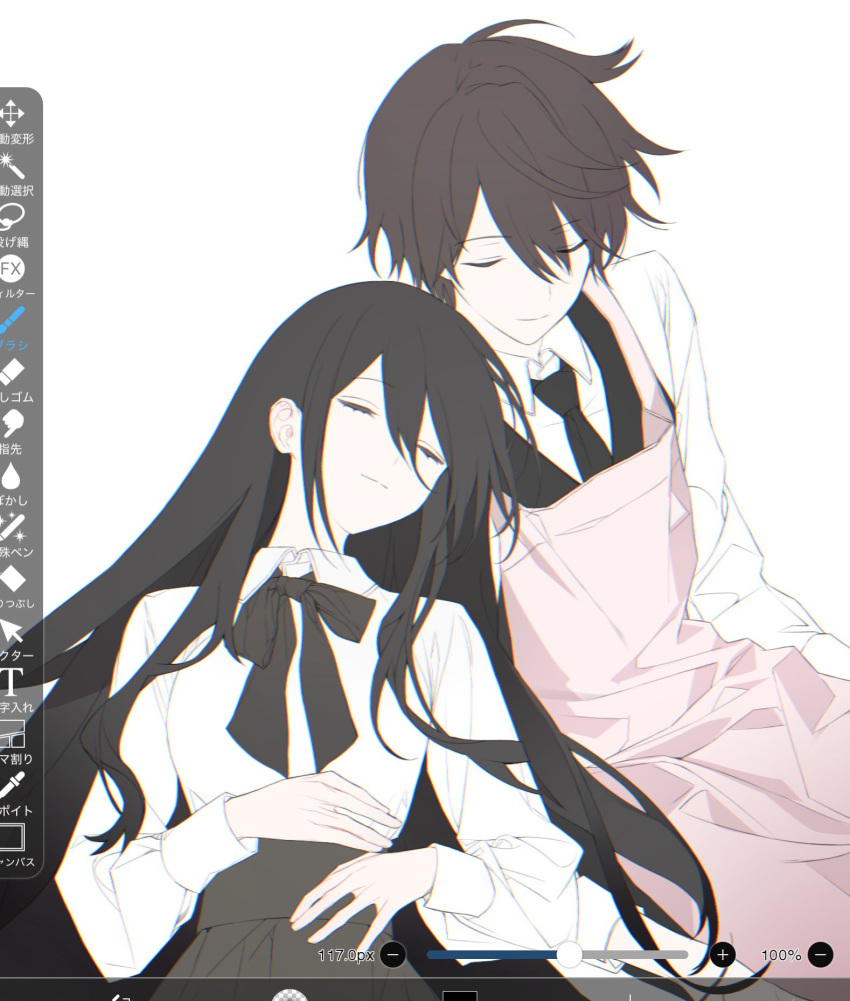 Safebooru - 1boy 1girl ahoge alternate skin color apron art program in frame black bow black ...