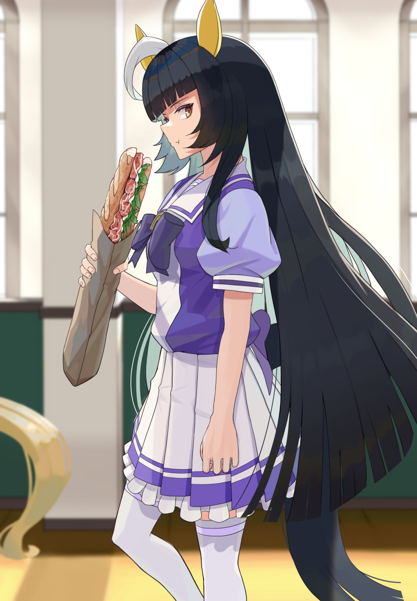 Safebooru - 1girl absurdres ahoge animal ears baguette black hair bread ...