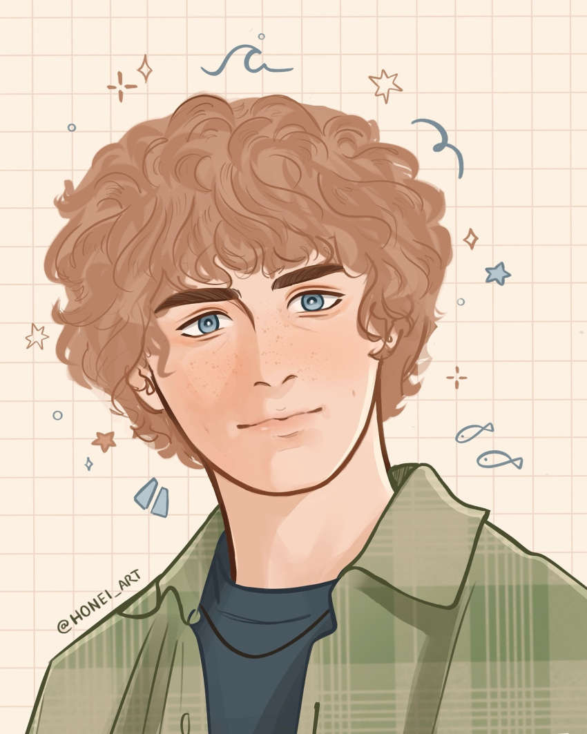 Safebooru - 1boy blue eyes brown hair curly hair freckles grid ...