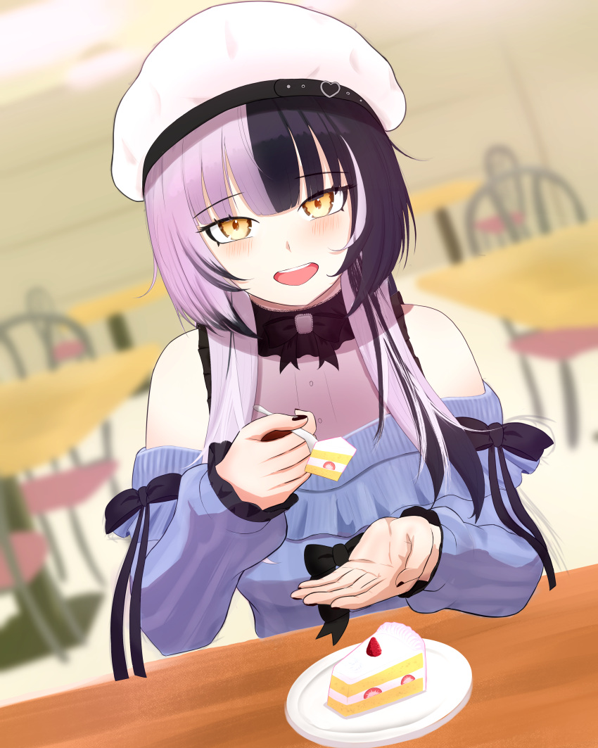 Safebooru - 1girl absurdres beret black bow black hair black nails black ribbon blue sweater bow ...