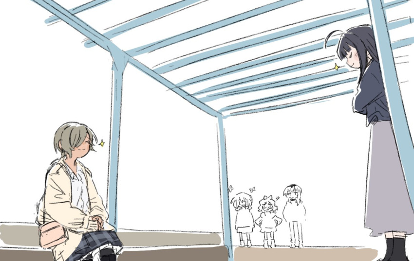 Safebooru - 5girls ahoge anger vein awa subaru black hair black jacket black skirt cardigan ...