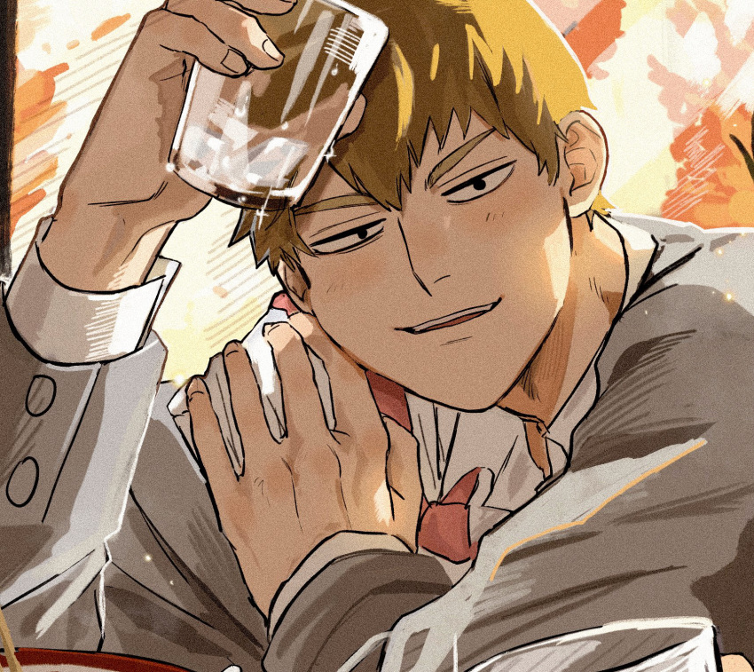 Safebooru - 1boy black eyes blush bowl brown hair collared shirt cup ...