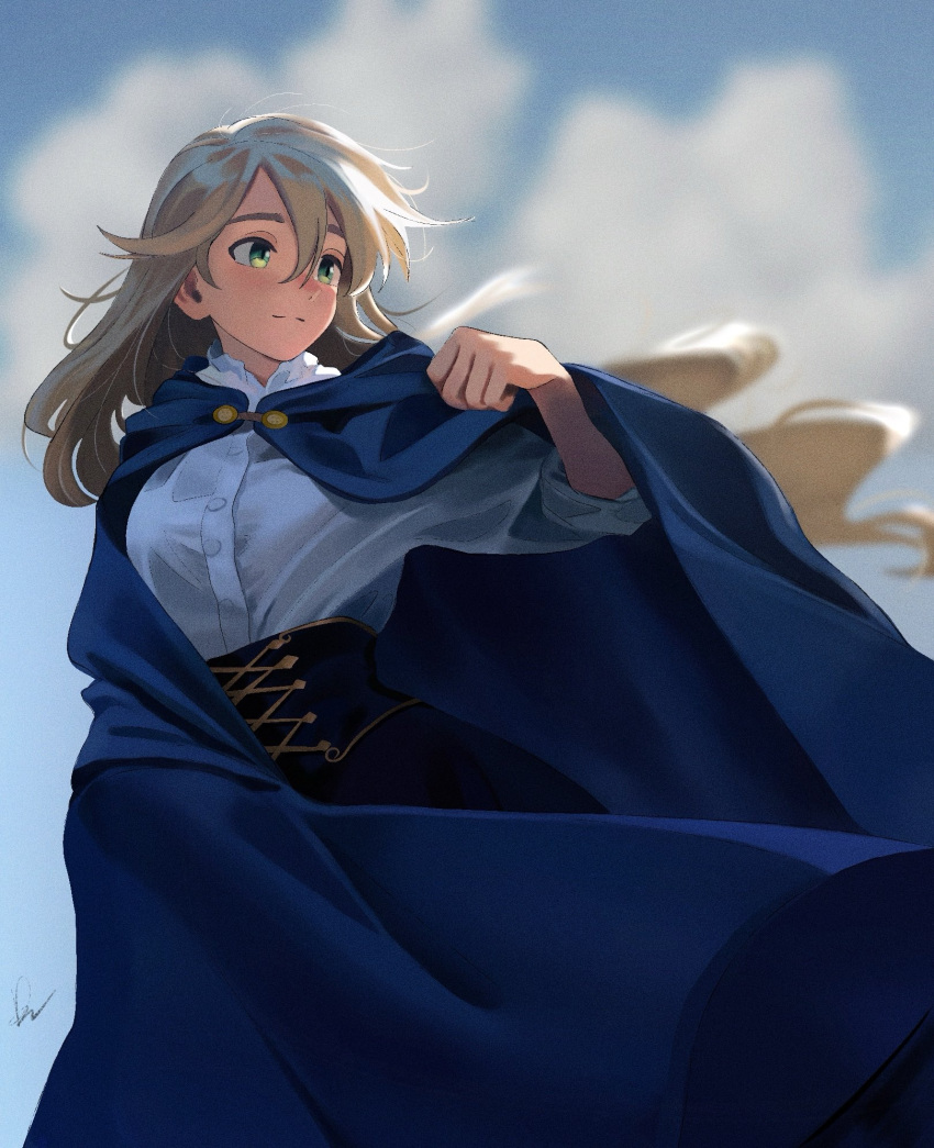 Safebooru - 1girl blonde hair blue cloak cloak commentary corset dress shirt english commentary ...