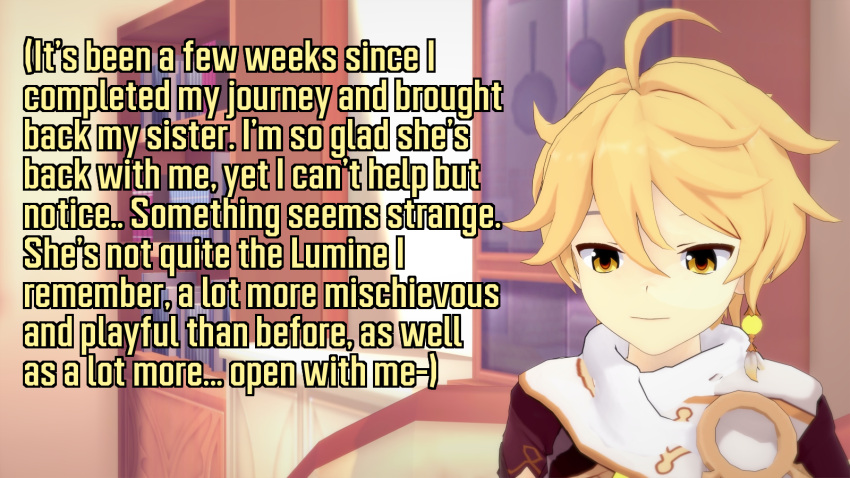 Safebooru - 1boy 3d aether (genshin impact) blonde hair couch english text genshin impact ...