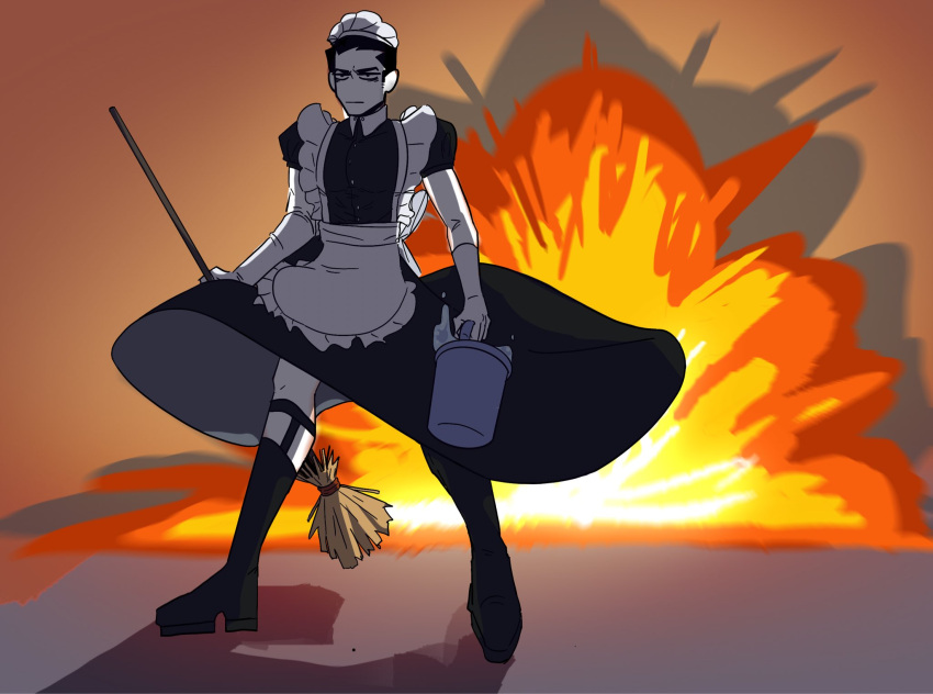 Safebooru - 1boy :| apron black dress black eyes black hair broom ...