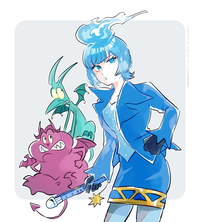 Safebooru - 1girl 2boys airagency1005 blue eyes blue fire blue hair blue lips closed mouth ...