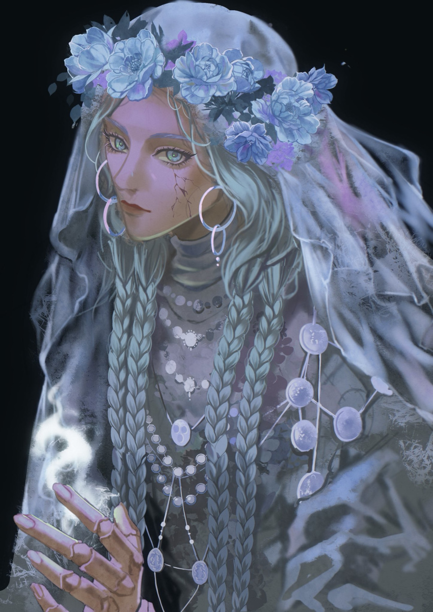 Safebooru - 1girl black background blue eyes braid closed mouth cracked skin doll joints dress ...