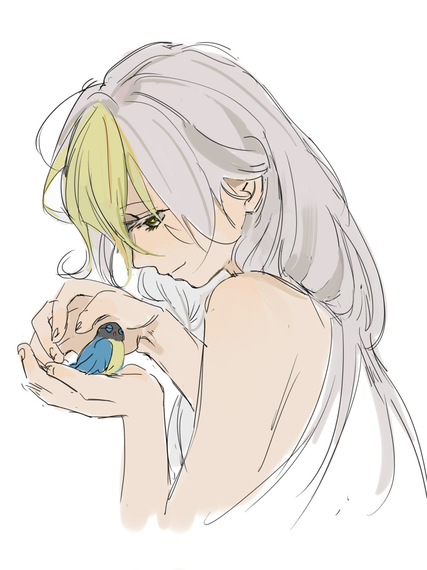 Safebooru - 1girl bare arms bird blonde hair closed mouth dress hands up highres kuchidesha long ...