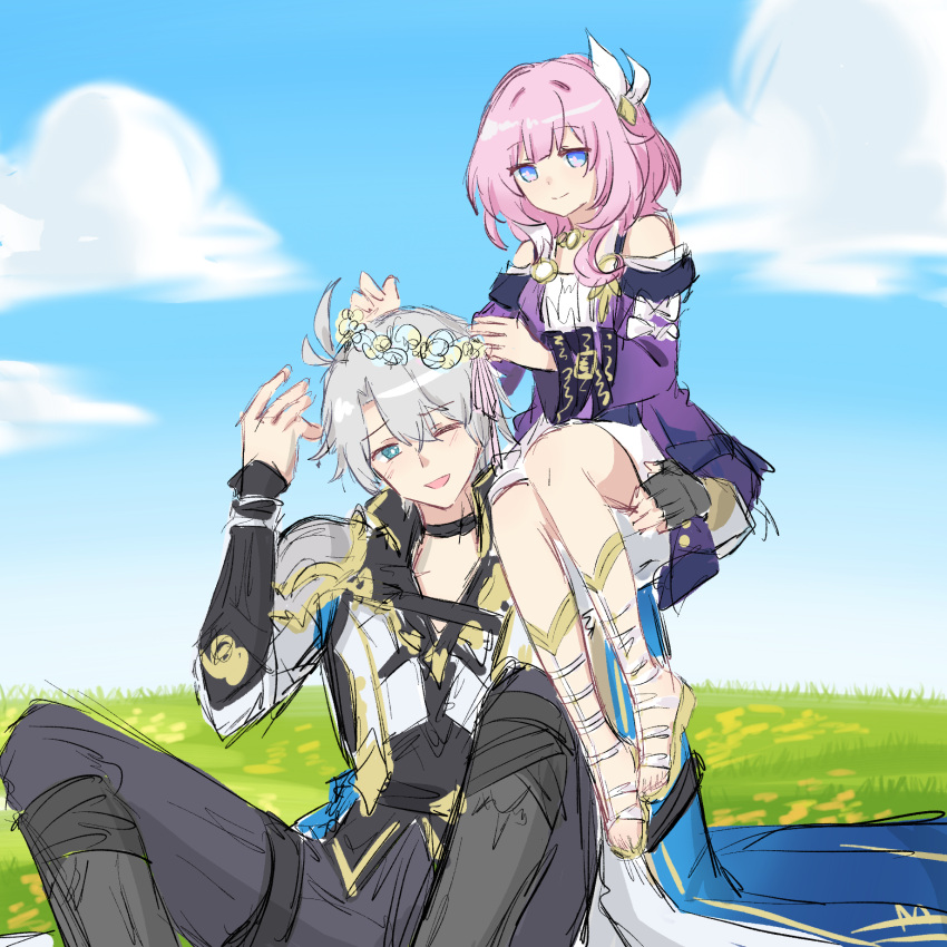 Safebooru - 1boy 1girl ahoge black choker black pants blue eyes blue sky chinese commentary ...