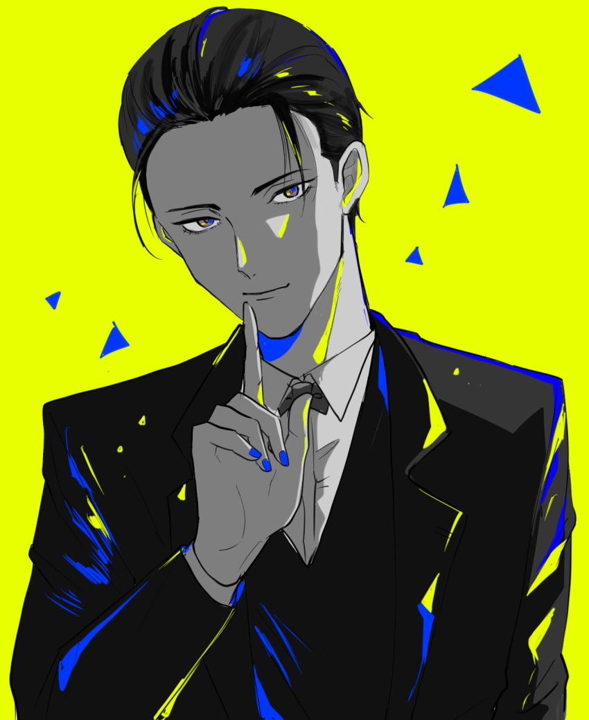 Safebooru - 1boy black hair black suit bow bowtie collared shirt detective eyelashes greyscale ...