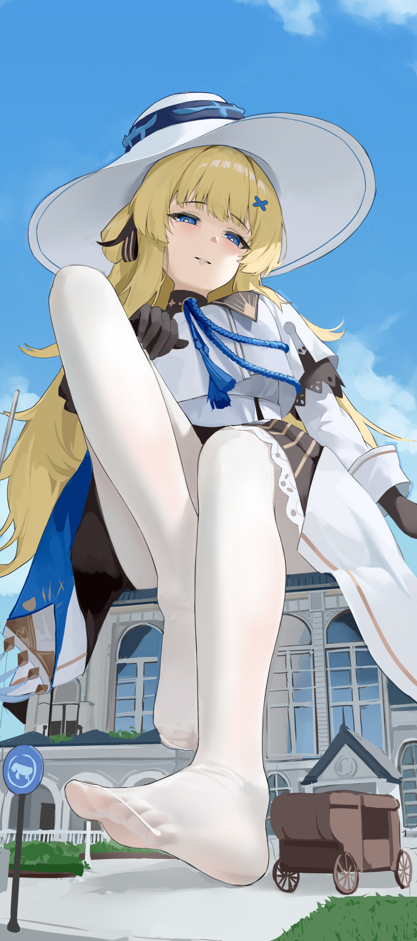 Safebooru - 1girl absurdres black gloves blonde hair blue eyes blue sky blunt bangs blush ...