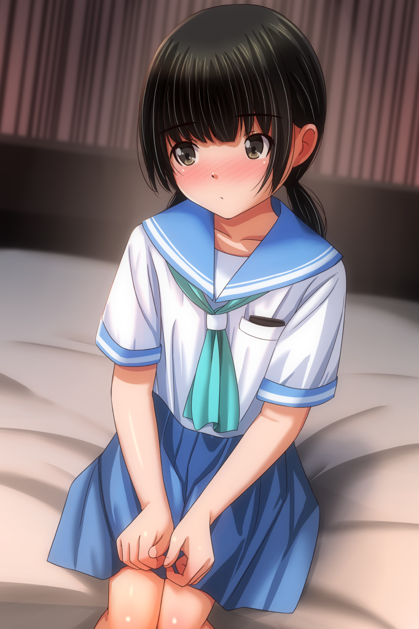 Safebooru - 1girl absurdres black hair blue sailor collar blue skirt blush brown eyes commentary ...