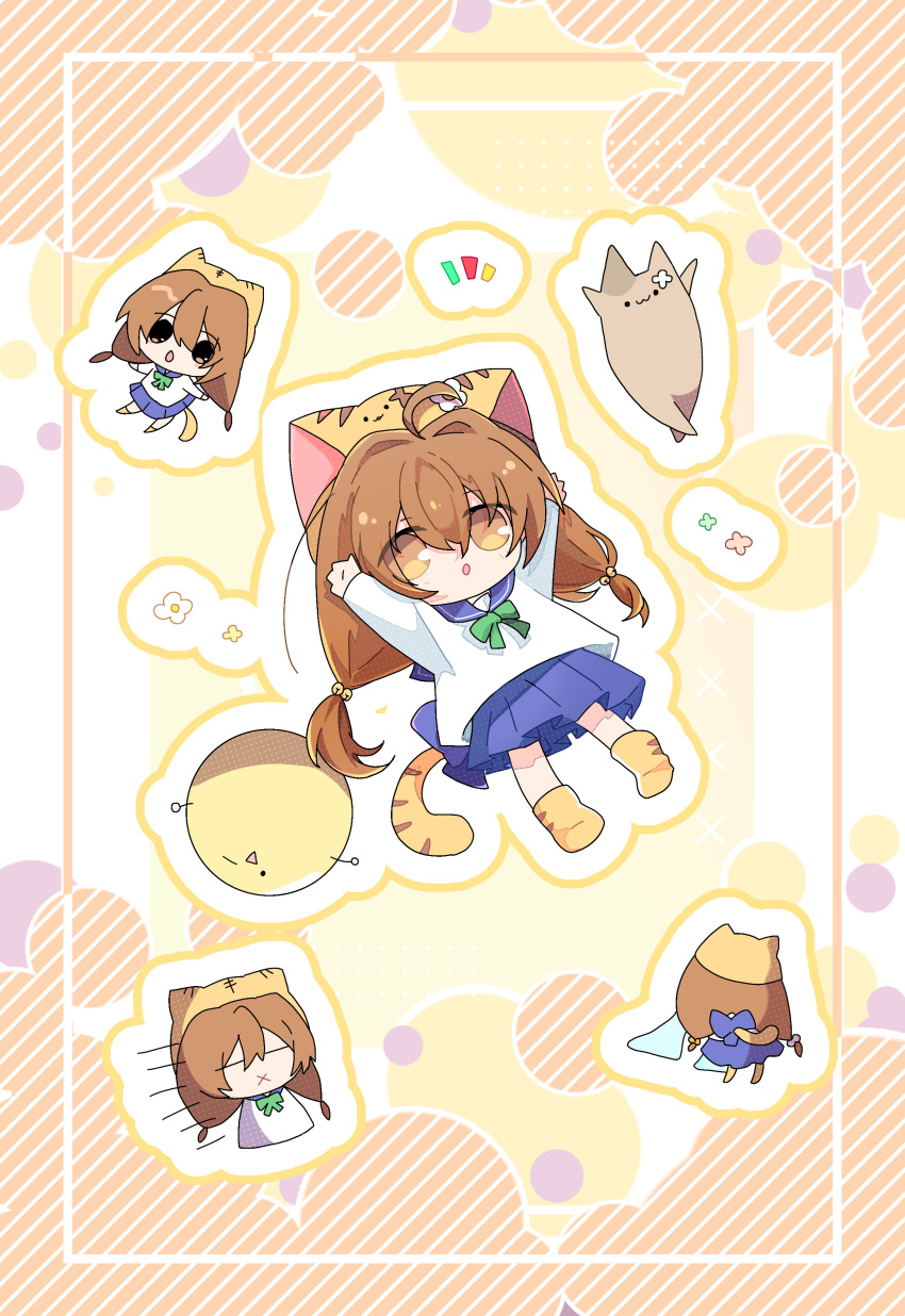 Safebooru - 1girl absurdres ahoge animal hat arms up bell blue skirt bow brown eyes brown hair ...