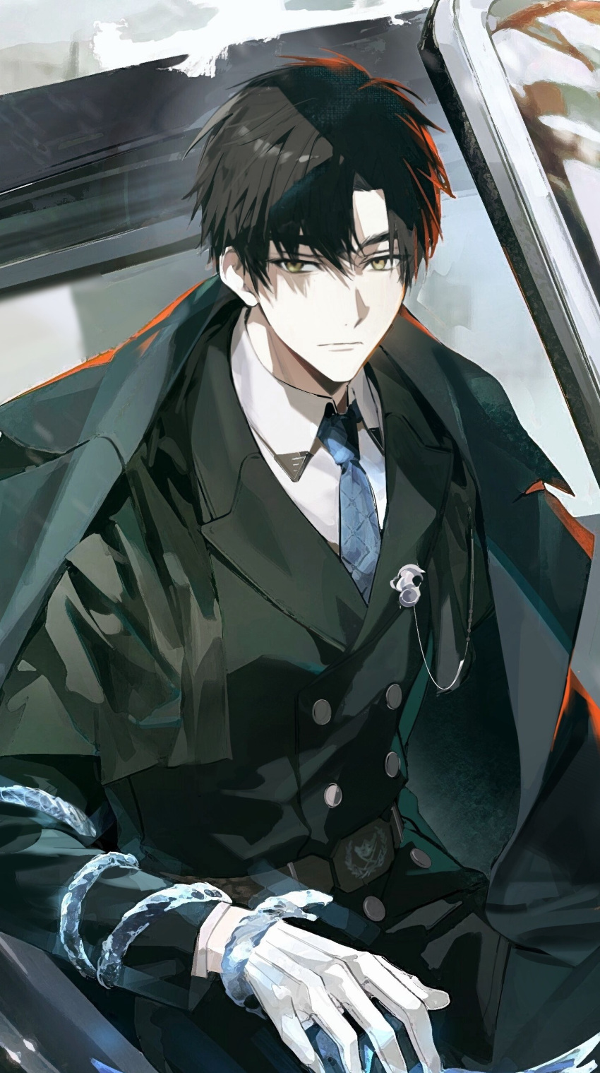 Safebooru - 1boy absurdres ameinu black hair black suit black vest blue necktie car coat coat on ...
