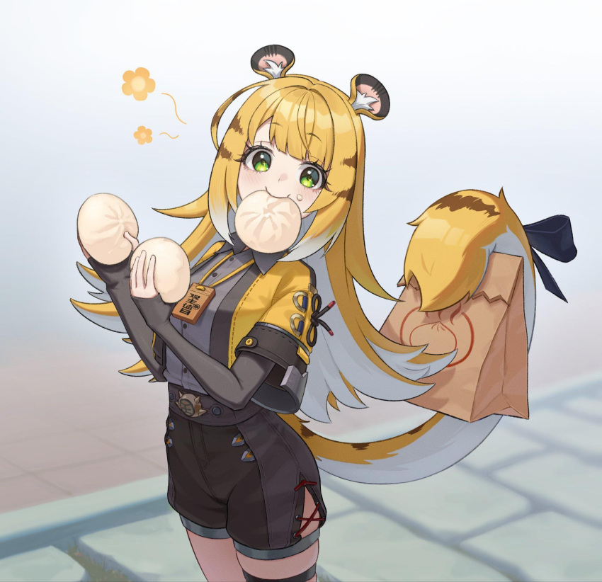 Safebooru - 1girl animal ears baozi food food in mouth ju fufu long hair siopao tiger ears tiger ...