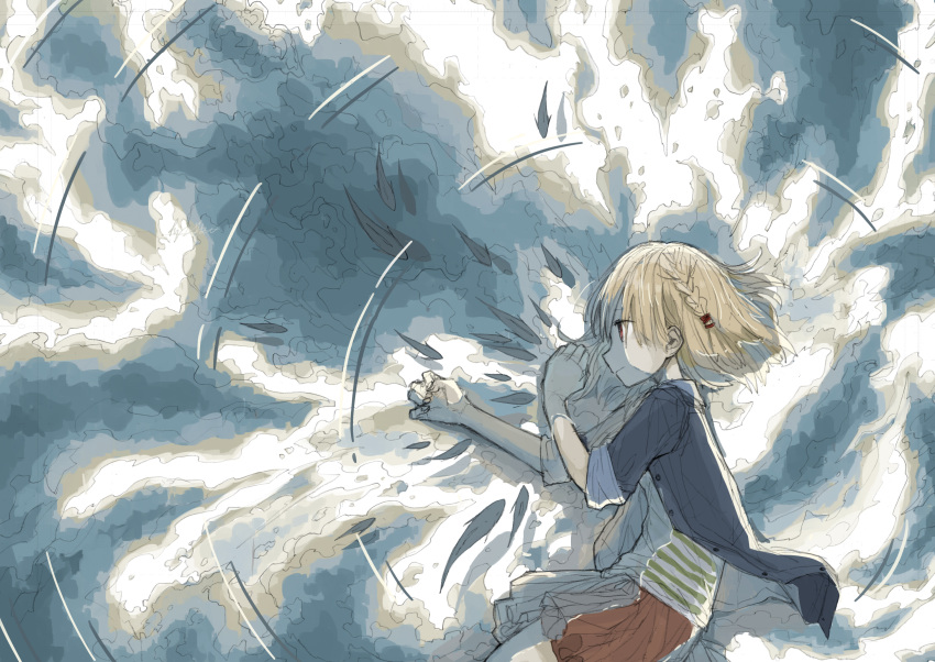 Safebooru - 1girl blonde hair blue jacket braid commentary request fish highres jacket lying ...
