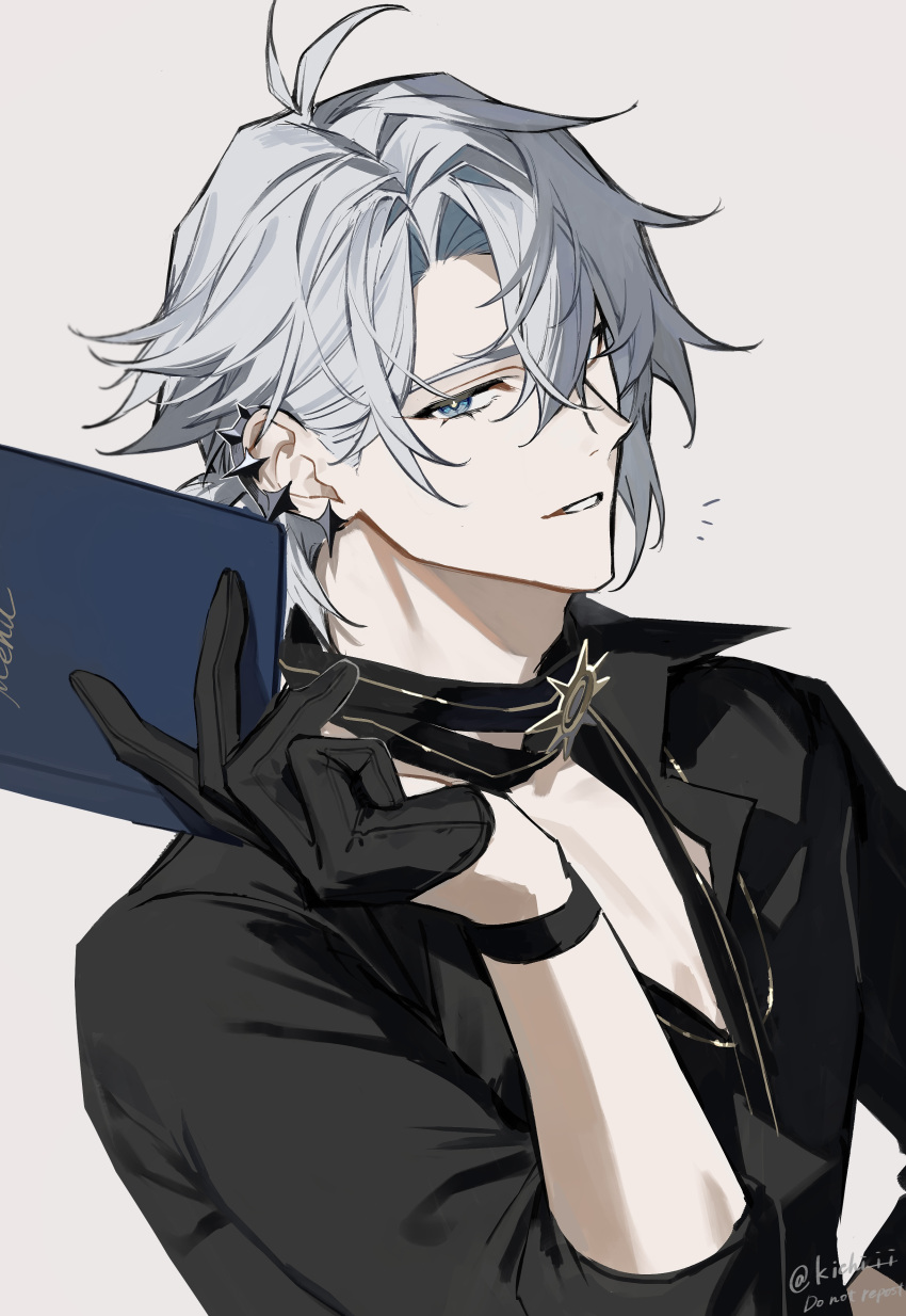 Safebooru - 1boy absurdres antenna hair black choker black gloves black shirt blue eyes choker ...