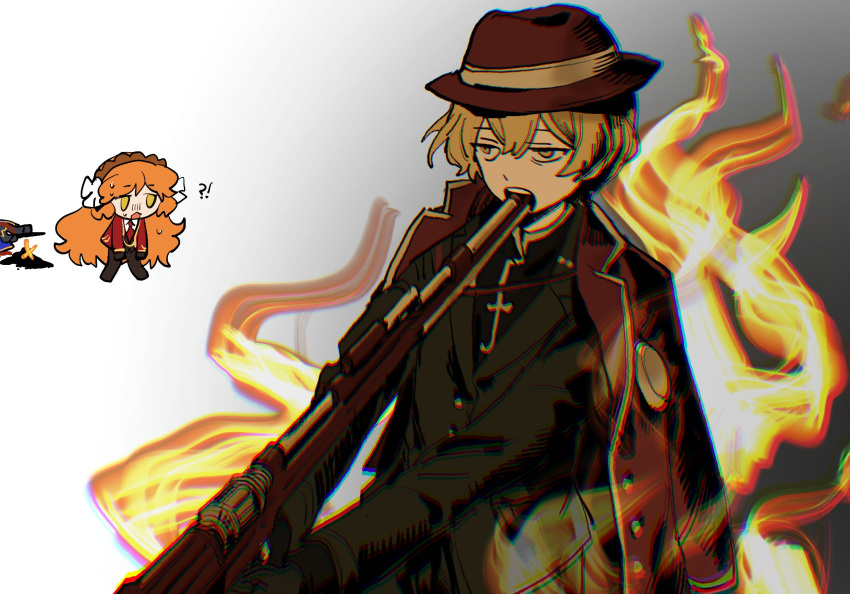 Safebooru - 1boy 2girls black gloves black shirt blonde hair chibi coat ...