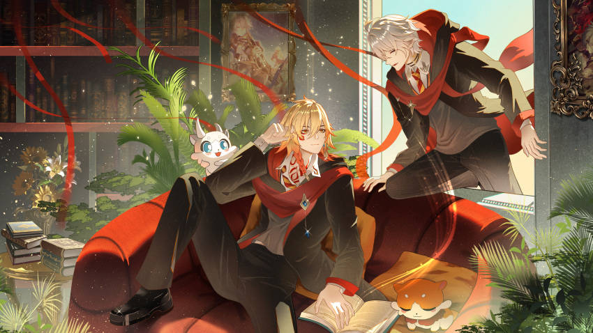 Safebooru - 2boys absurdres alternate costume antenna hair black choker black coat black pants ...