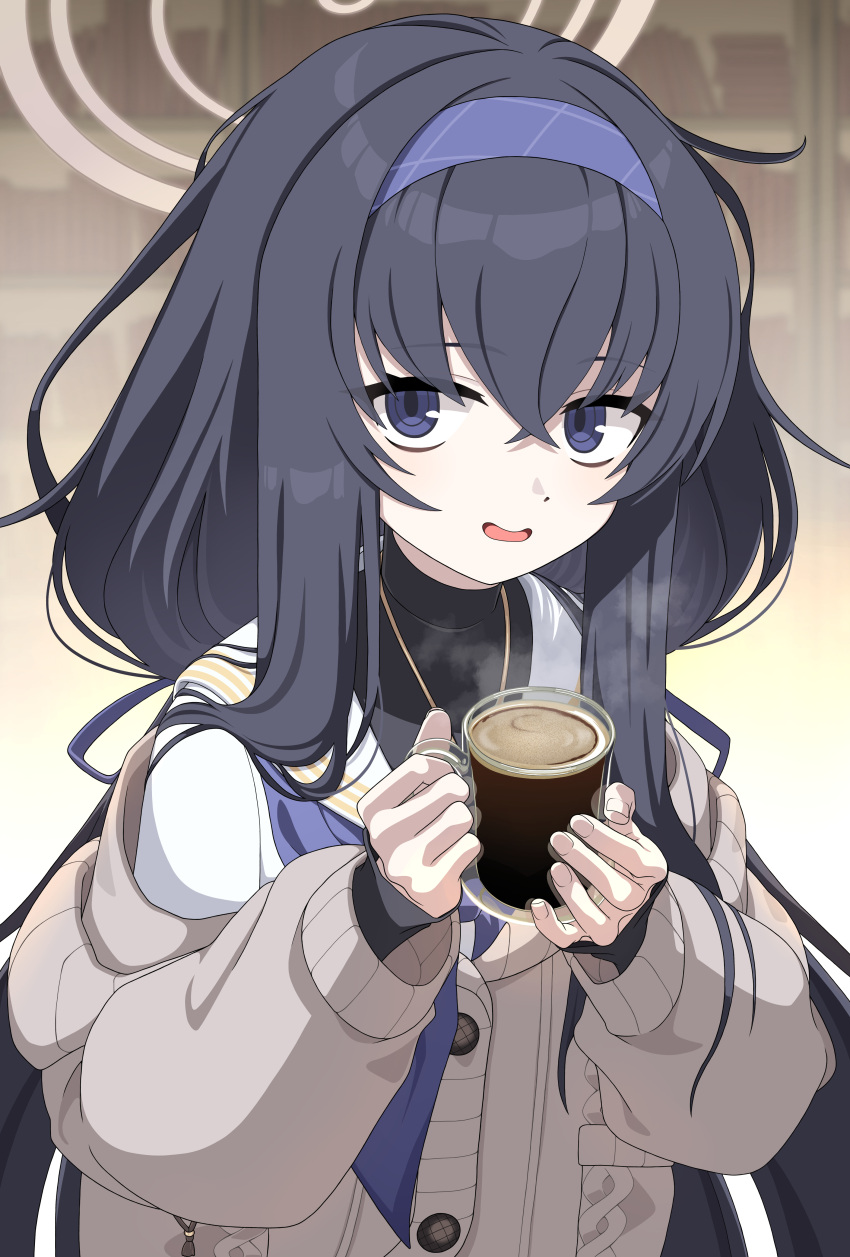 Safebooru - 1girl absurdres black hair blue archive cardigan coffee cup grey cardigan hair ...