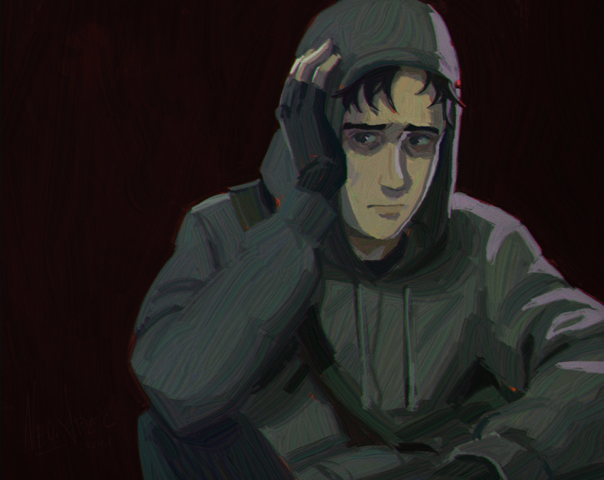 Safebooru - 1boy :| absurdres bag bags under eyes black background black eyes black gloves black ...