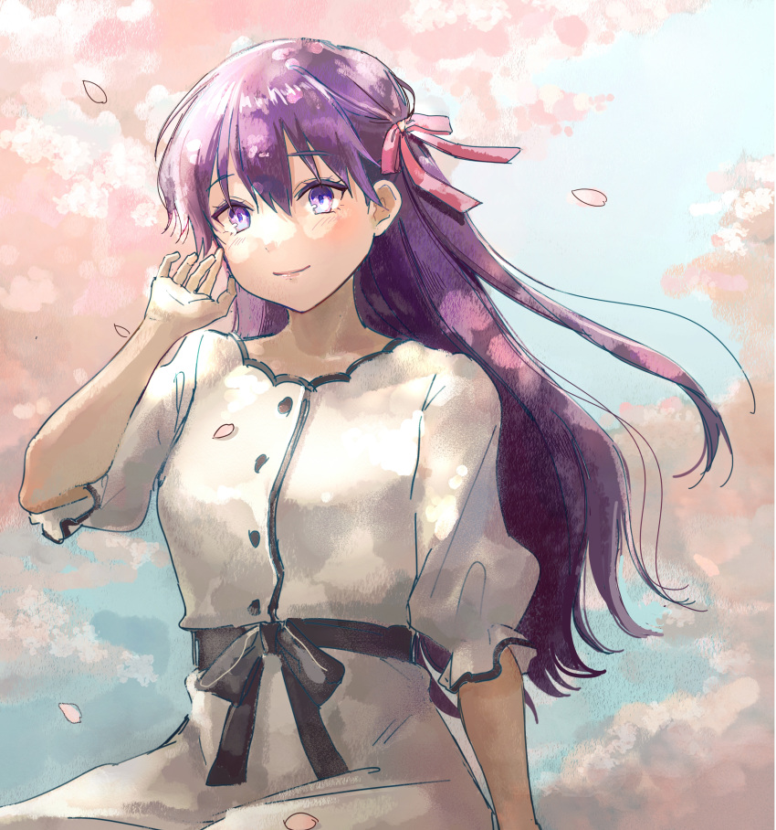 Safebooru - 1girl absurdres blush cherry blossoms closed mouth commentary dress fate/stay night ...