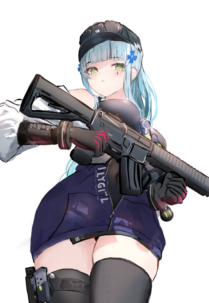 Safebooru - 1girl assault rifle bare shoulders black gloves black hat blue hair blush breasts ...
