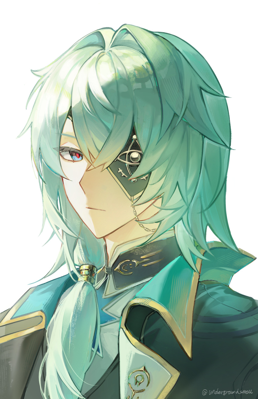Safebooru - 1boy anaxa (honkai: star rail) aqua hair black jacket blue eyes chain closed mouth ...