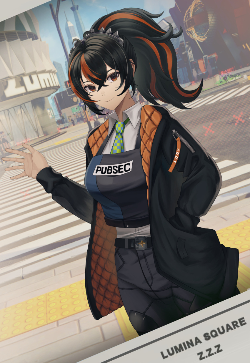 Safebooru - 1girl absurdres azureol black hair black jacket black pants breasts bulletproof vest ...