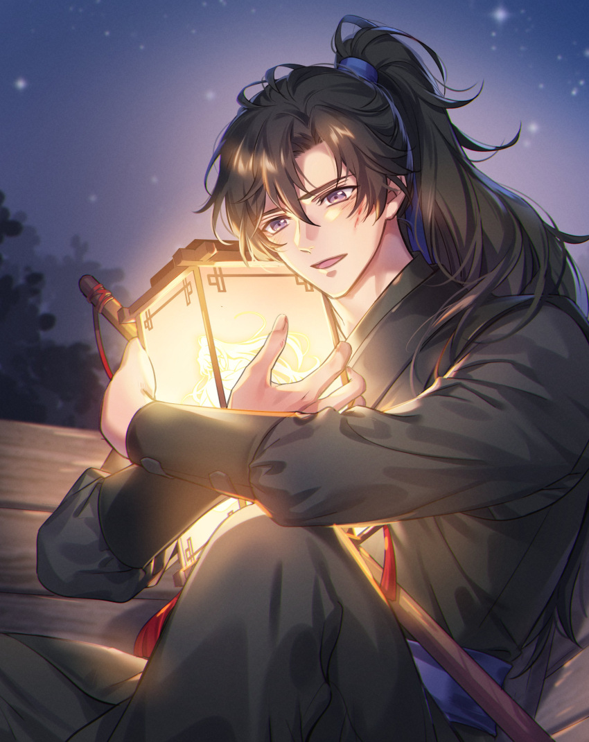 Safebooru - 1boy absurdres black hair black hanfu black pants blood blood on face blue ribbon ...