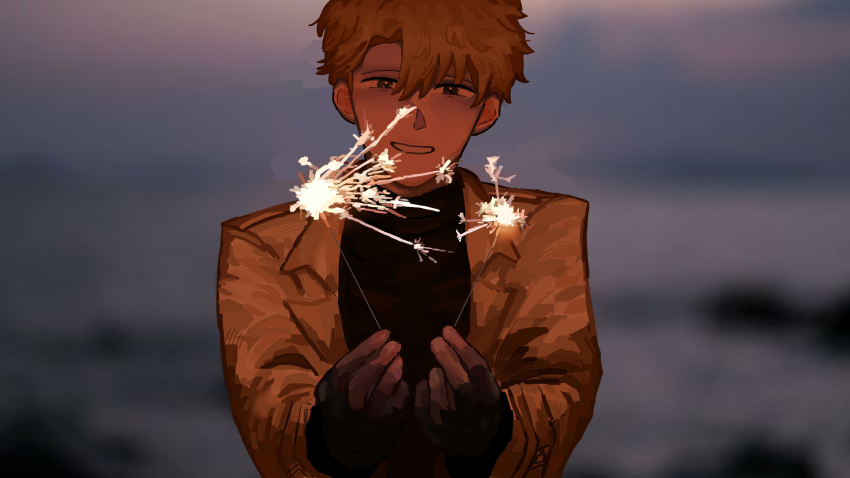 Safebooru - 1boy black eyes black gloves black shirt blonde hair blurry blurry background coat ...