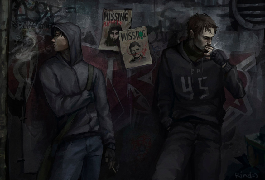 Safebooru - 2boys afraid of monsters against wall bag black eyes black ...