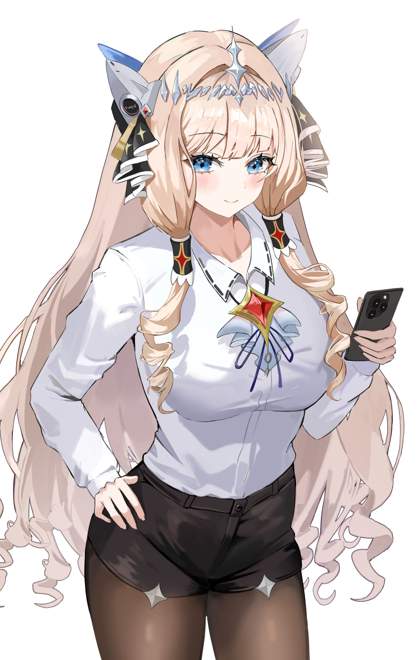 Safebooru - 1girl absurdres black shorts blonde hair blue eyes brown pantyhose crown (nikke ...