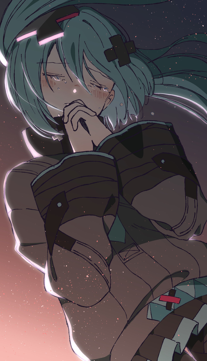 Safebooru - 1girl absurdres agonasubi aqua hair batsu miku black skirt closed eyes closed mouth ...