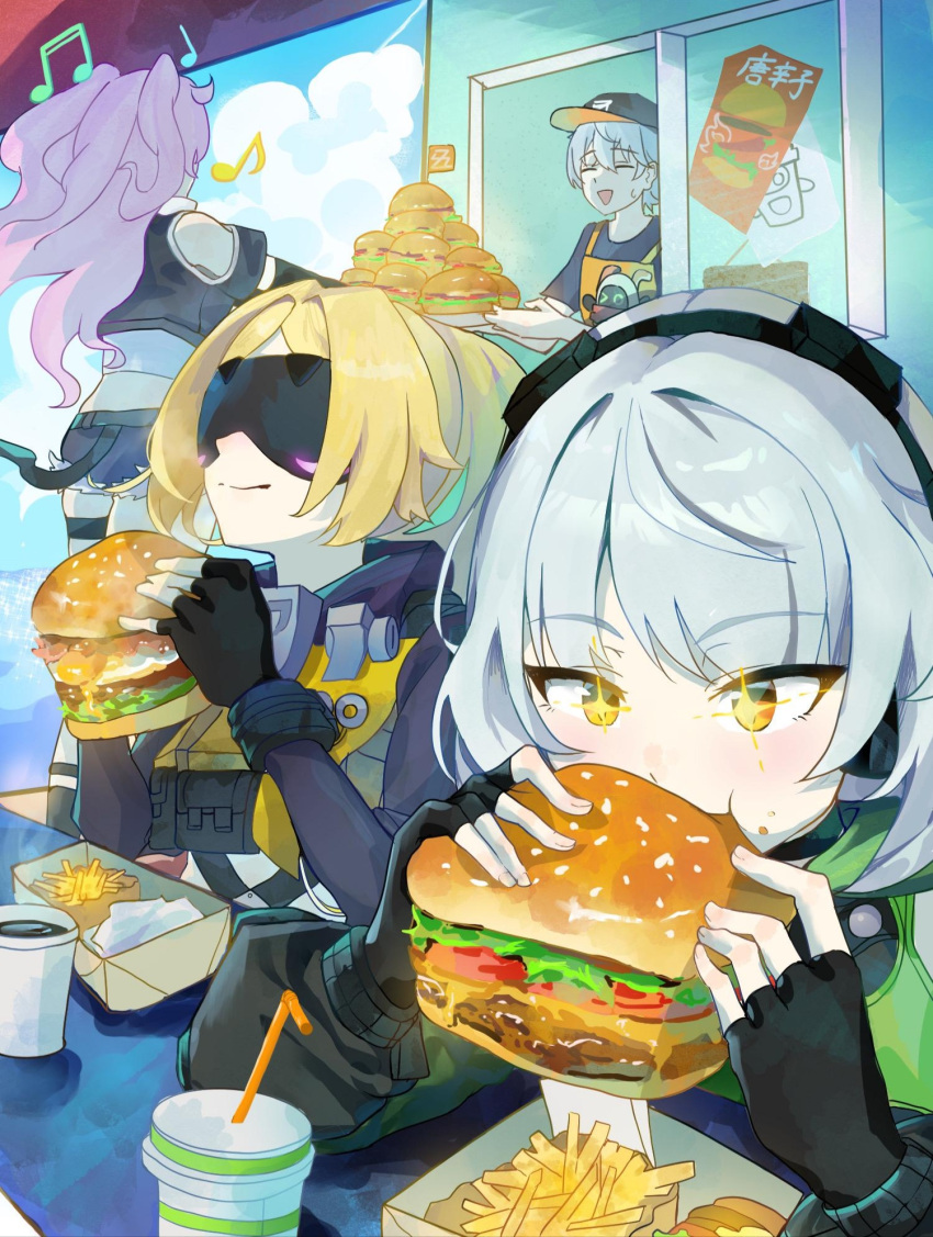 Safebooru - 1boy anby demara burger eating hamburger long hair multiple ...