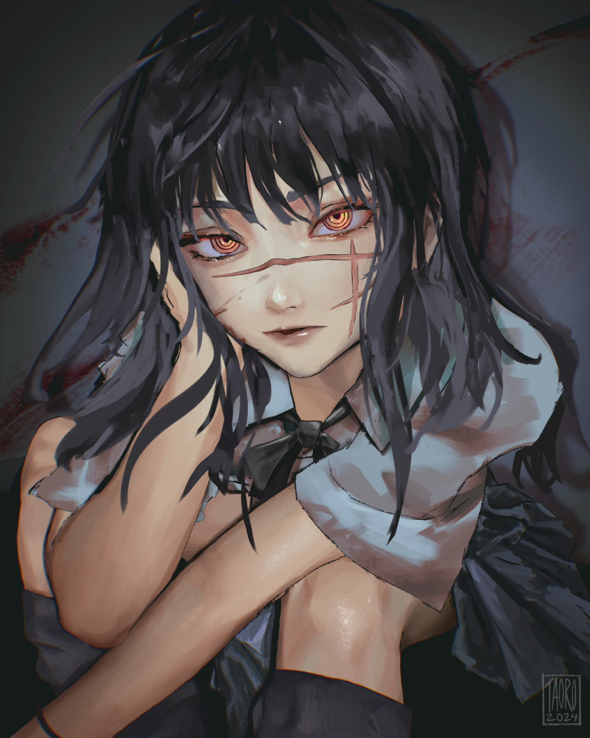 Safebooru - 1girl artist logo artist name black hair chainsaw man cross scar dated dress fourth ...