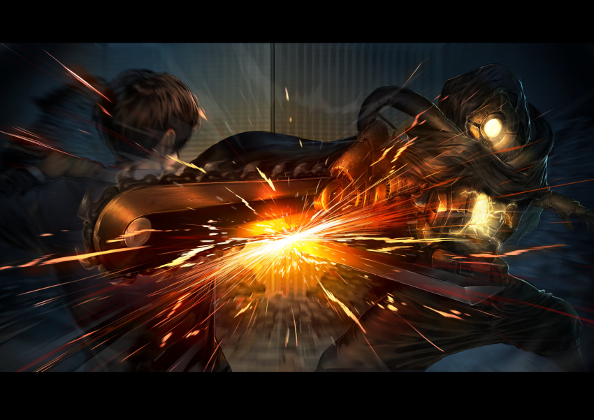 Safebooru - 1boy 1other absurdres arnold (project moon) cape chainsaw ...