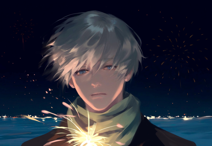 Safebooru 1boy Aerial Fireworks Black Coat Blue Eyes Chinese 3998