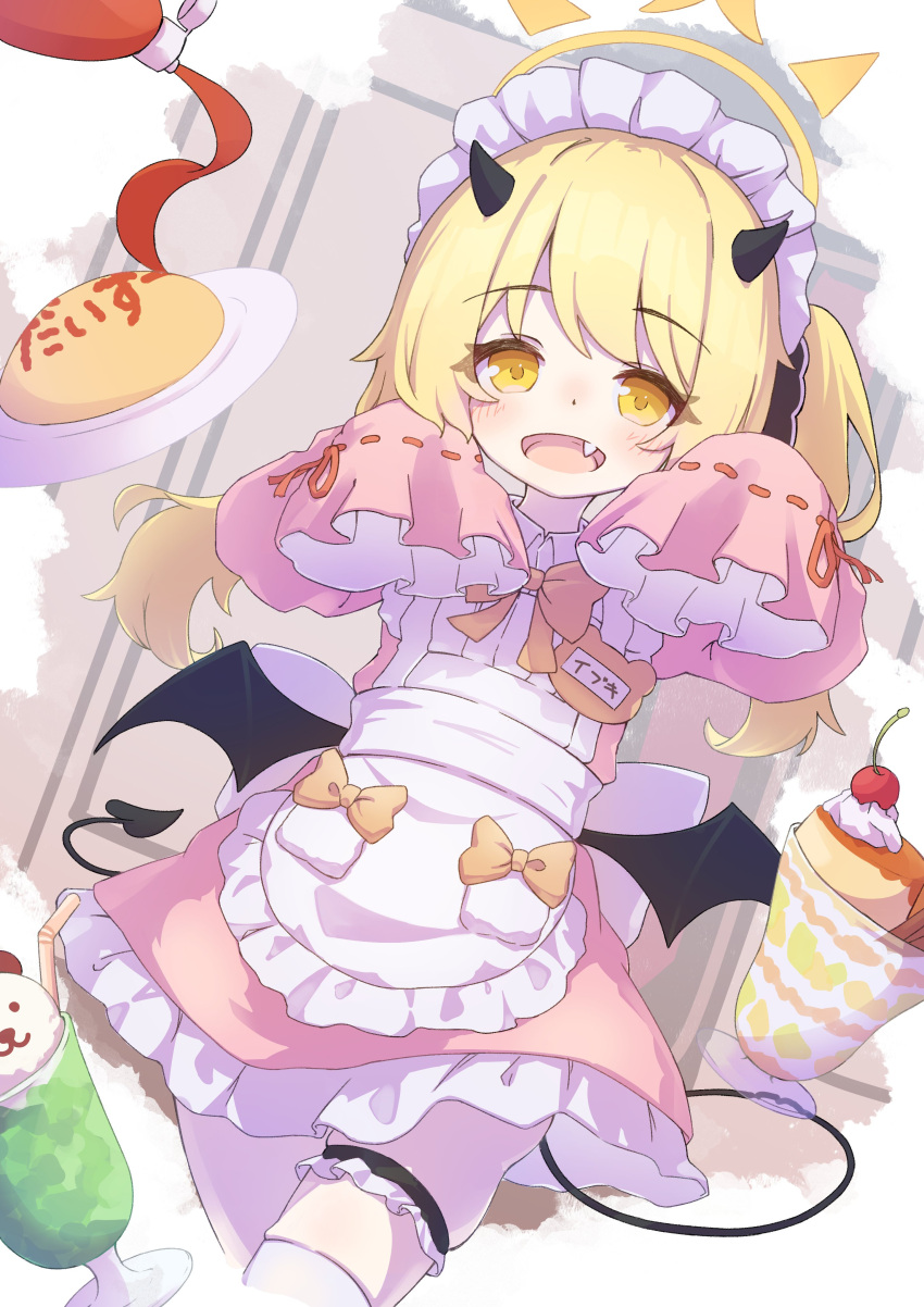 Safebooru - 1girl absurdres alternate costume apron black horns black tail blonde hair blue ...