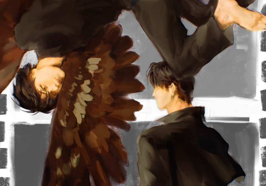 Safebooru - 2boys arms behind back barefoot black bodysuit black coat black eyes black hair ...