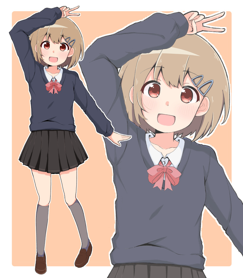 Safebooru - 1girl :d absurdres arm up black jacket black skirt blonde hair bow bowtie brown eyes ...