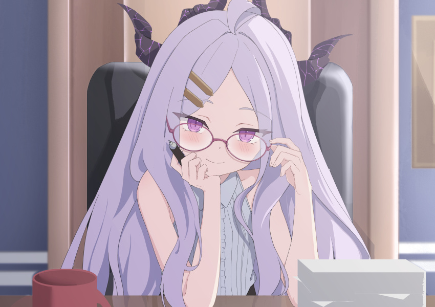 Safebooru - 1girl absurdres adjusting eyewear ahoge arm support bespectacled blue archive blush ...
