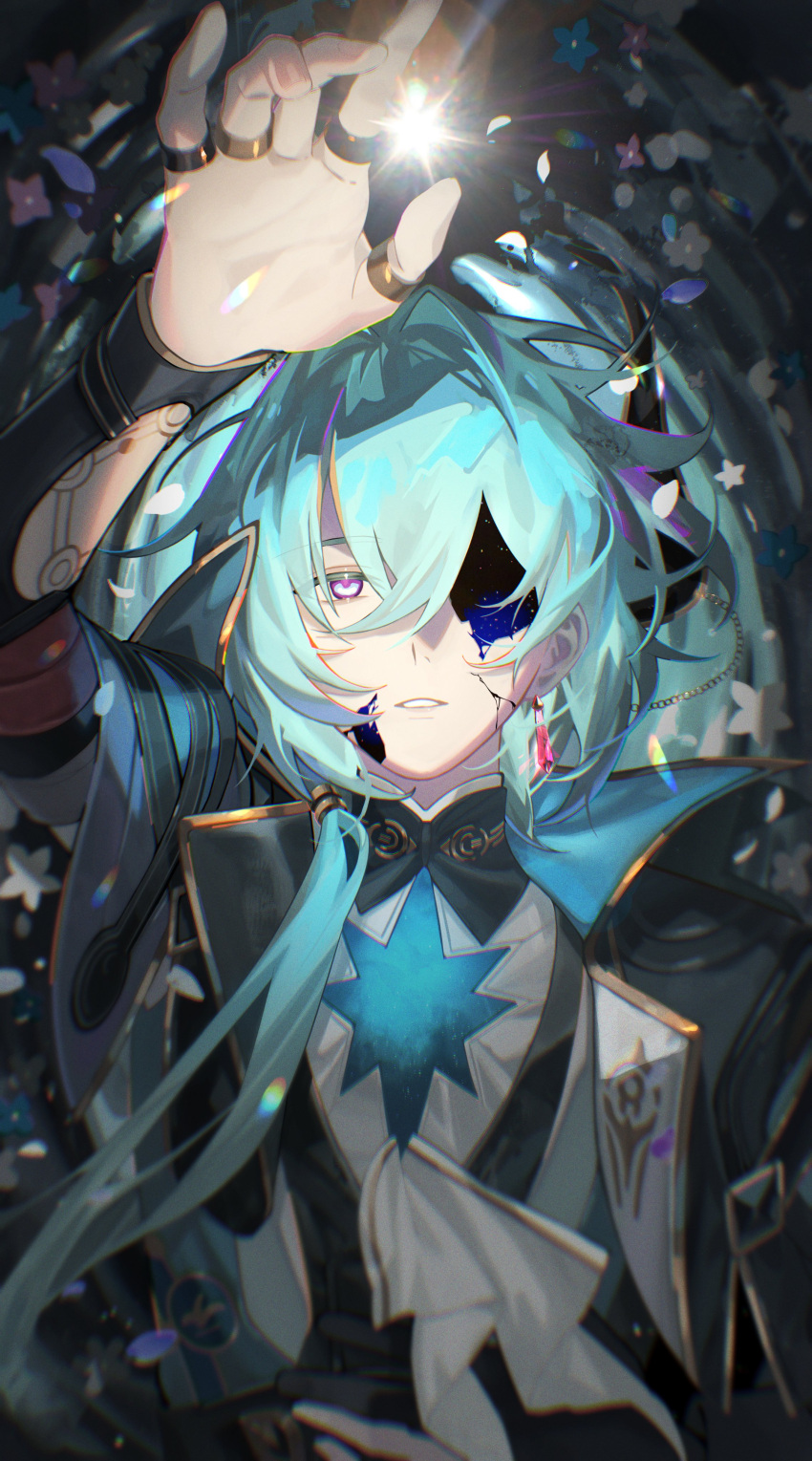 Safebooru - 1boy absurdres anaxa (honkai: star rail) aqua hair arm up ascot black jacket blue ...