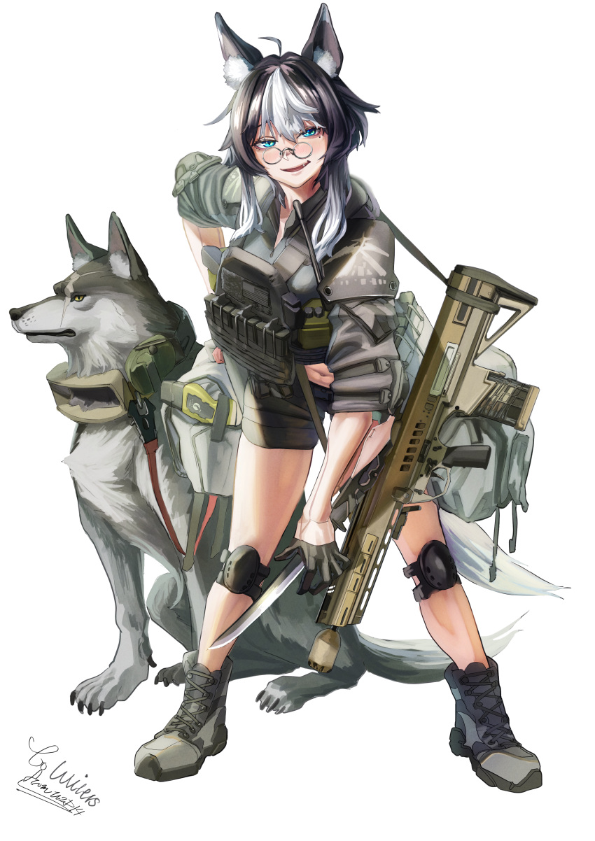 Safebooru - 1girl absurdres ahoge american flag ammunition pouch animal animal ear fluff animal ...