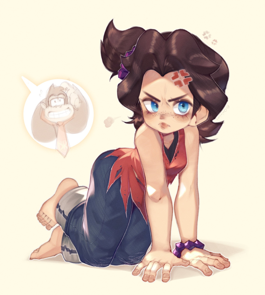 Safebooru - 1girl absurdres anger vein barefoot blue eyes blue pants bracelet brown hair ...