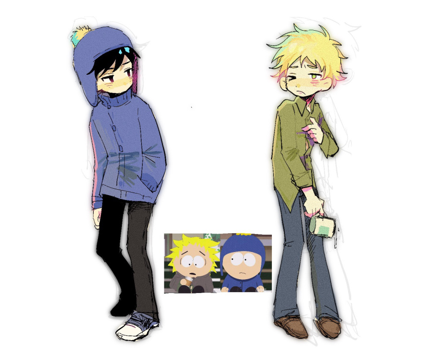 Safebooru - 2boys beanie blonde hair blue jacket craig tucker cup green ...