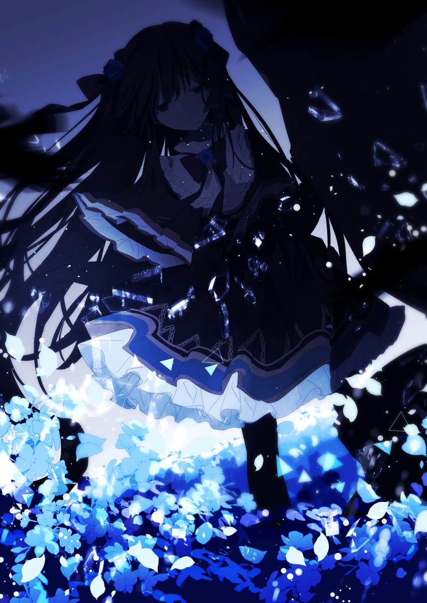 Safebooru - 1girl absurdres arcaea black bow black bowtie black dress black eyes black hair ...