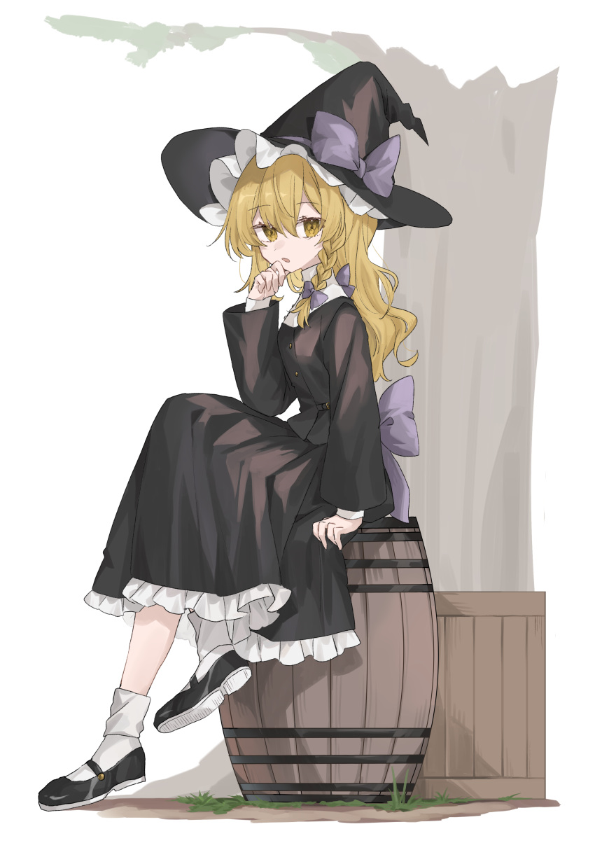 Safebooru - 1girl absurdres back bow barrel black dress black footwear blonde hair bow chu ...