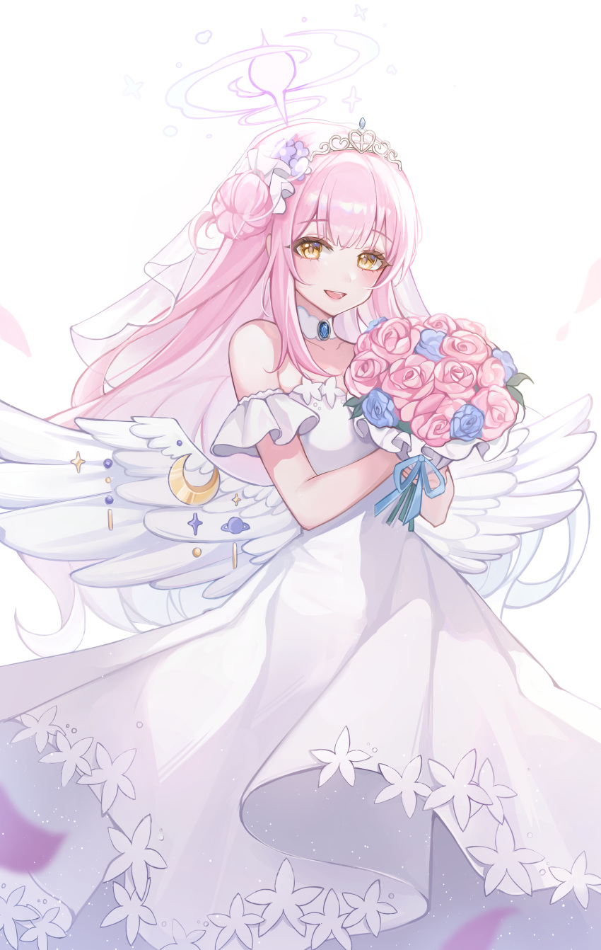 Safebooru - 1girl absurdres blue archive bouquet dress flower hair bun hair flower hair ornament ...